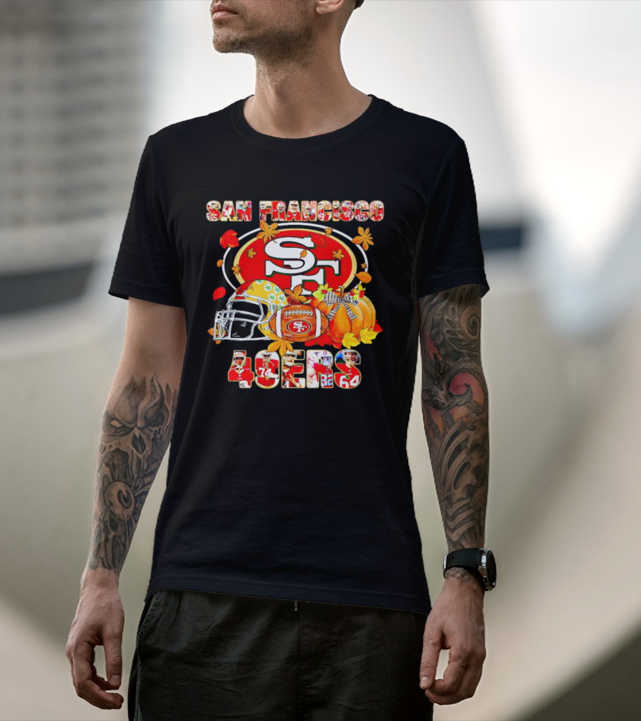 San Francisco 49ers Autumn Football With Helmets And Pumpkins T-Shirt