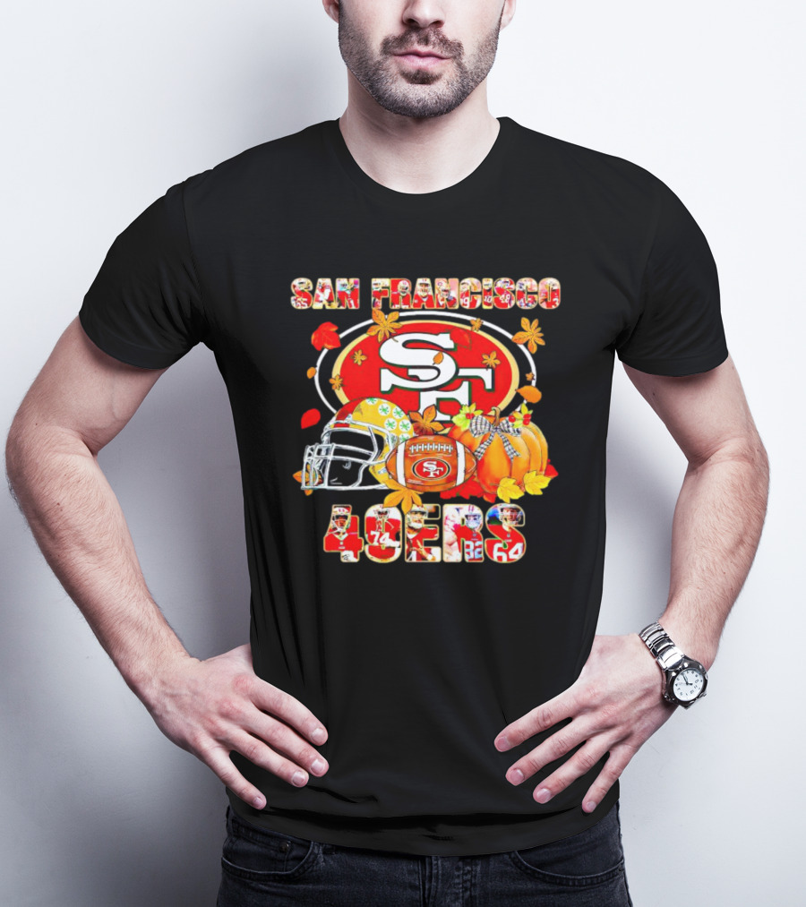 San Francisco 49ers Autumn Football With Helmets And Pumpkins T-Shirt