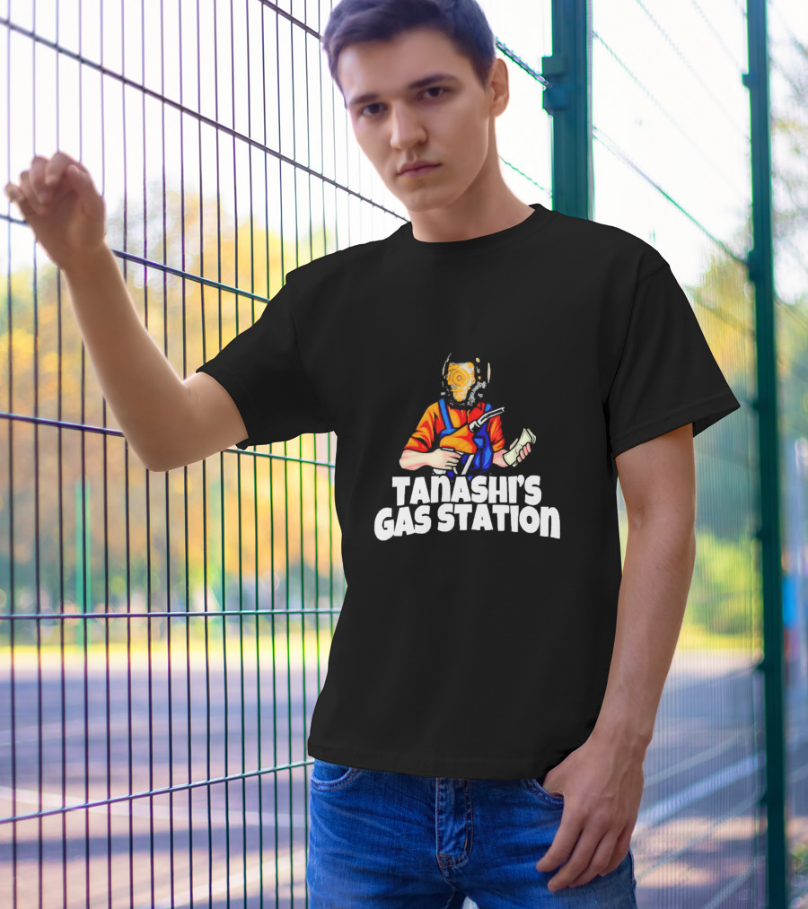 TANASHI’S GAS STATION ATTENDANT WITH RETRO HELMET AND ORANGE UNIFORM HOLDING FUEL PUMP AND MONEY T-Shirt