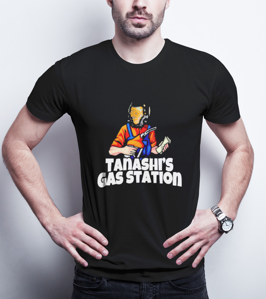 TANASHI’S GAS STATION ATTENDANT WITH RETRO HELMET AND ORANGE UNIFORM HOLDING FUEL PUMP AND MONEY T-Shirt