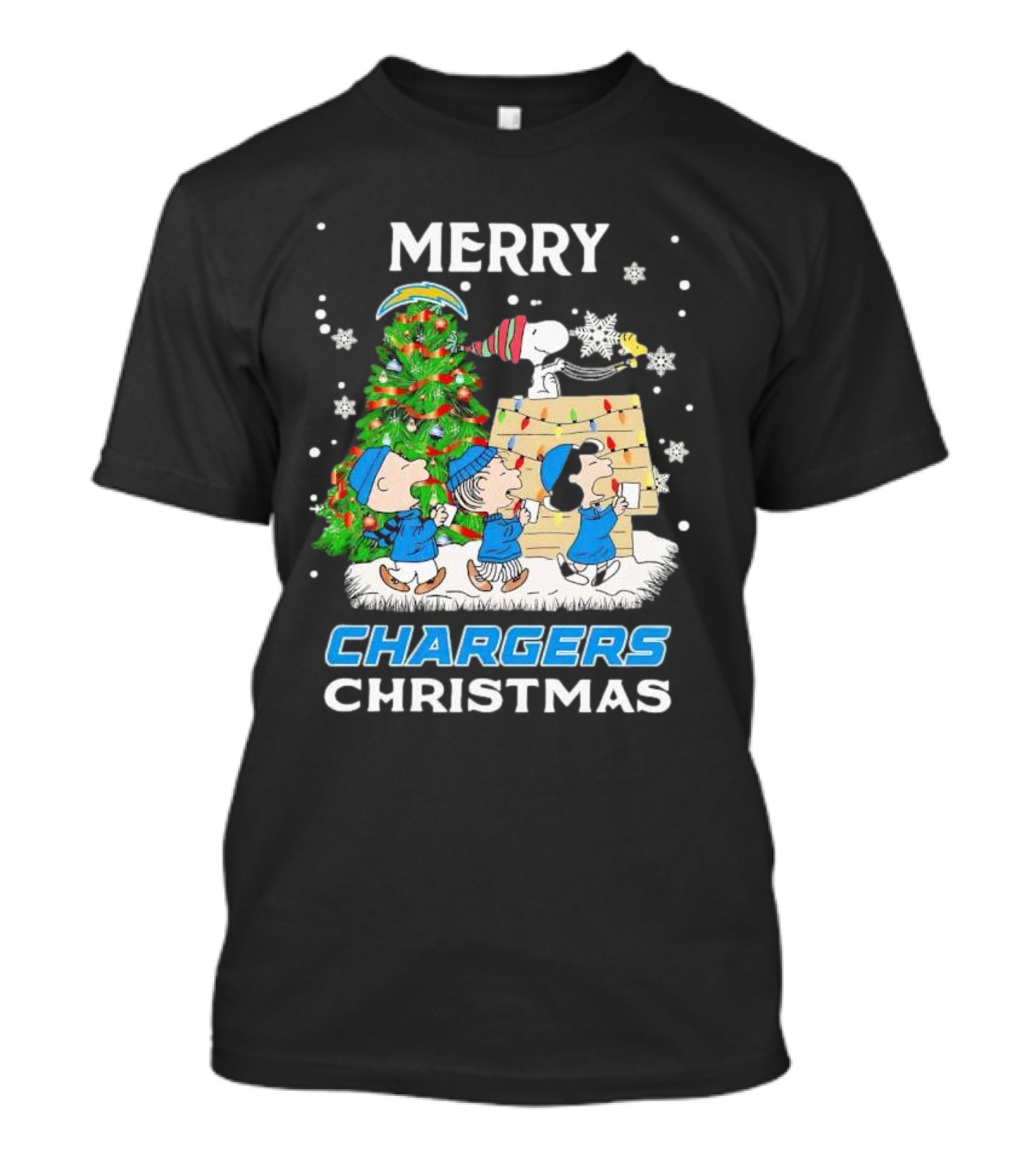 Merry Chargers Christmas Peanuts Characters T-Shirt