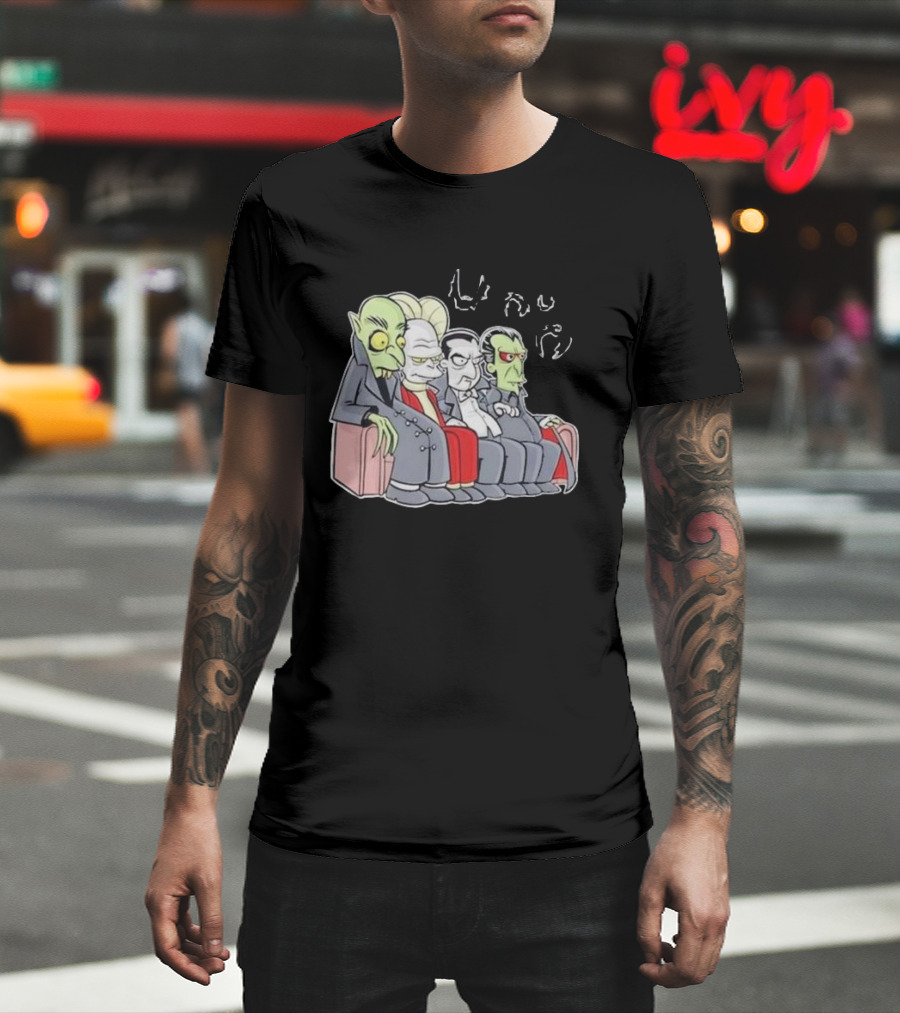 Various Versions Of Dracula Characters Sitting Together On A Couch T-Shirt