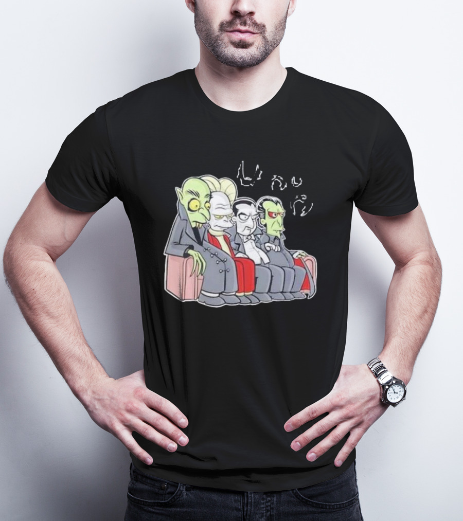 Various Versions Of Dracula Characters Sitting Together On A Couch T-Shirt