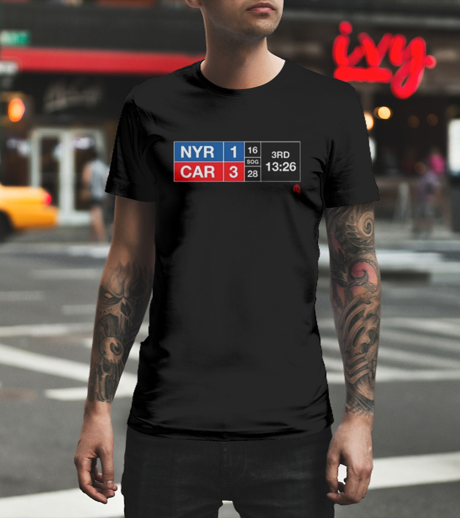 Athlete Logos NYR 1 CAR 3 SOG 16 28 Scoreboard 3rd Period 13:26 T-Shirt