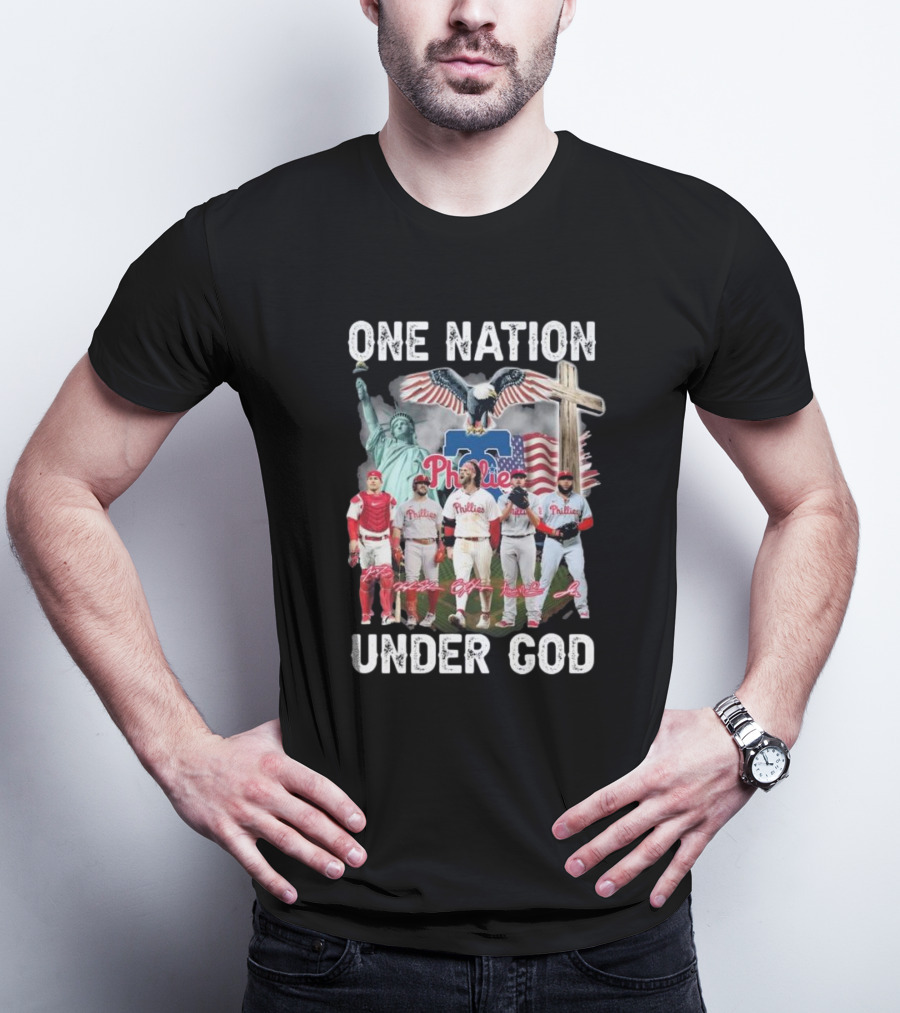 Philadelphia Phillies One Nation Under God Flag Statue Cross Signatures T-Shirt