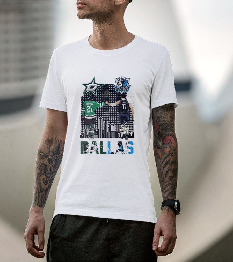 Dallas Stars Mavericks Robertson Doncic Skyline Signatures T-Shirt