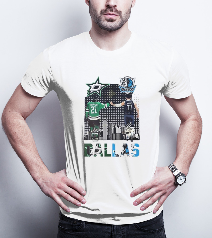 Dallas Stars Mavericks Robertson Doncic Skyline Signatures T-Shirt