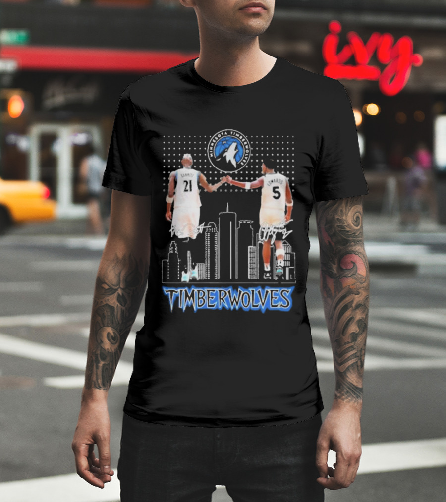 Minnesota Timberwolves Kevin Garnett Anthony Edwards Signatures City Skyline T-Shirt