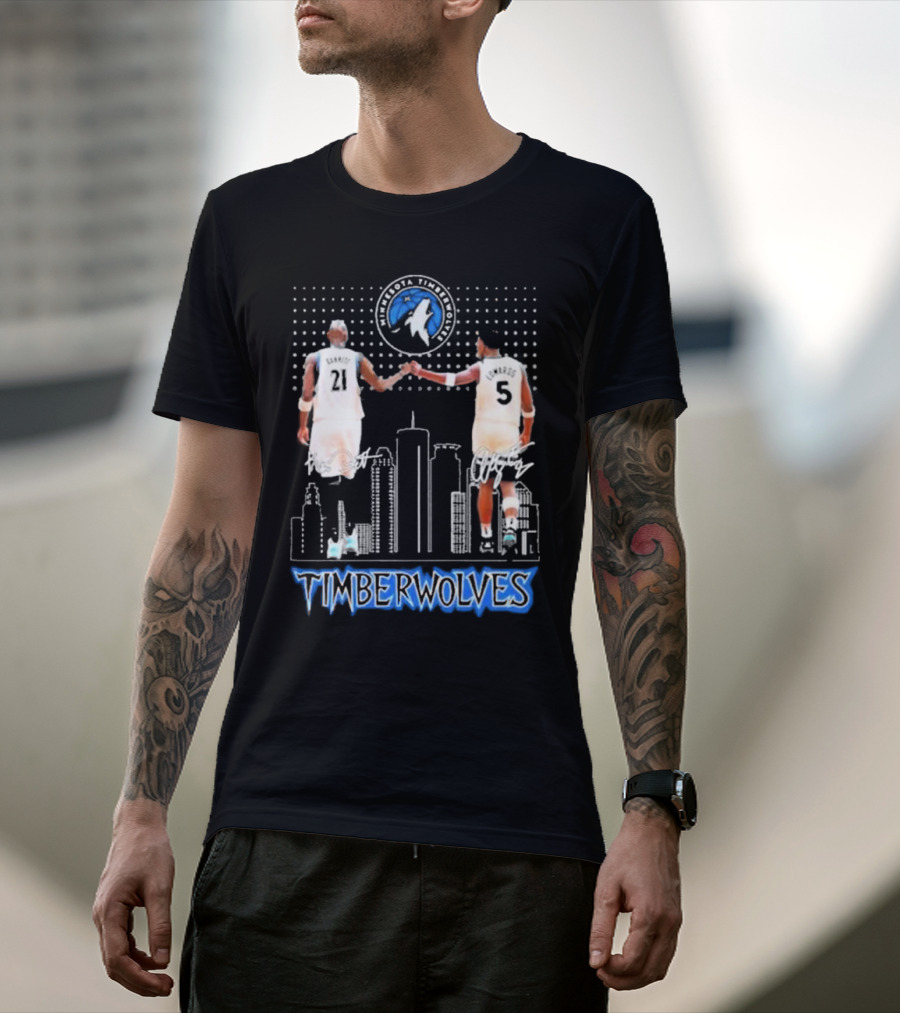 Minnesota Timberwolves Kevin Garnett Anthony Edwards Signatures City Skyline T-Shirt