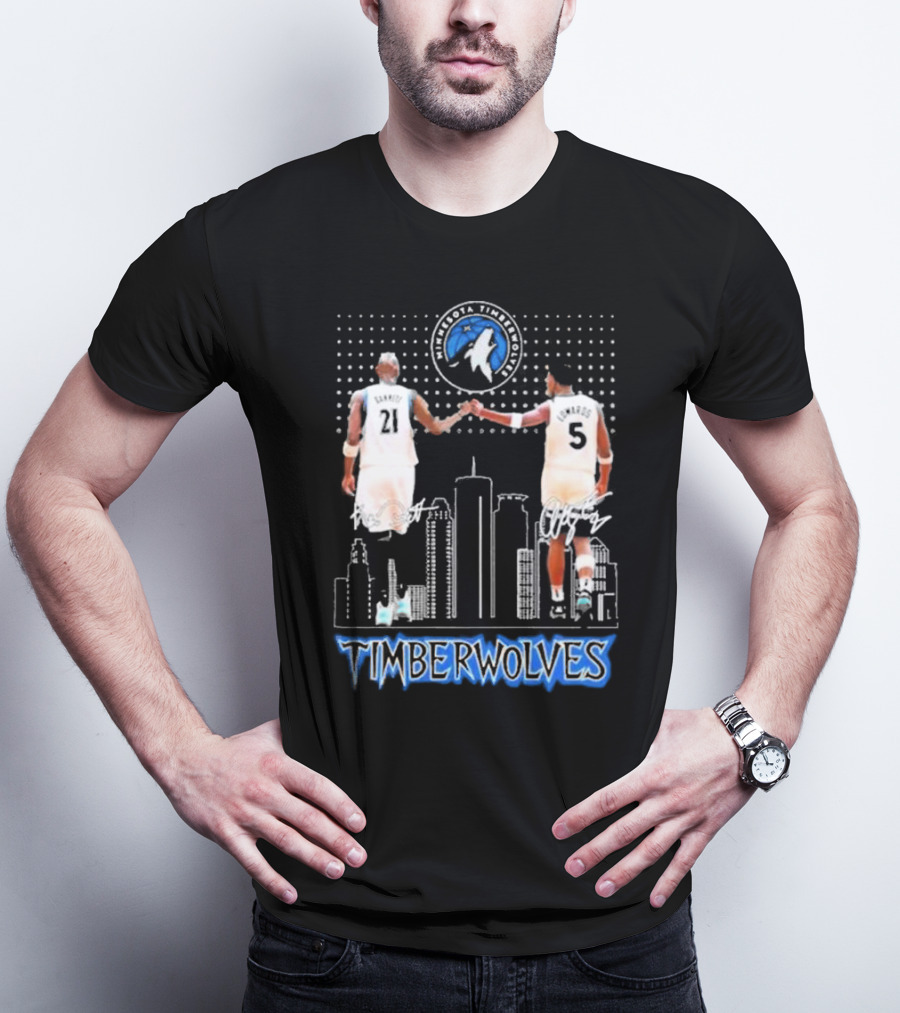 Minnesota Timberwolves Kevin Garnett Anthony Edwards Signatures City Skyline T-Shirt
