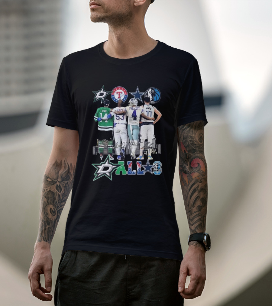 Dallas Stars Texas Rangers Cowboys Mavericks Benn Prescott Ware Doncic Signatures T-Shirt