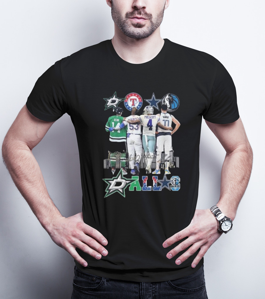 Dallas Stars Texas Rangers Cowboys Mavericks Benn Prescott Ware Doncic Signatures T-Shirt