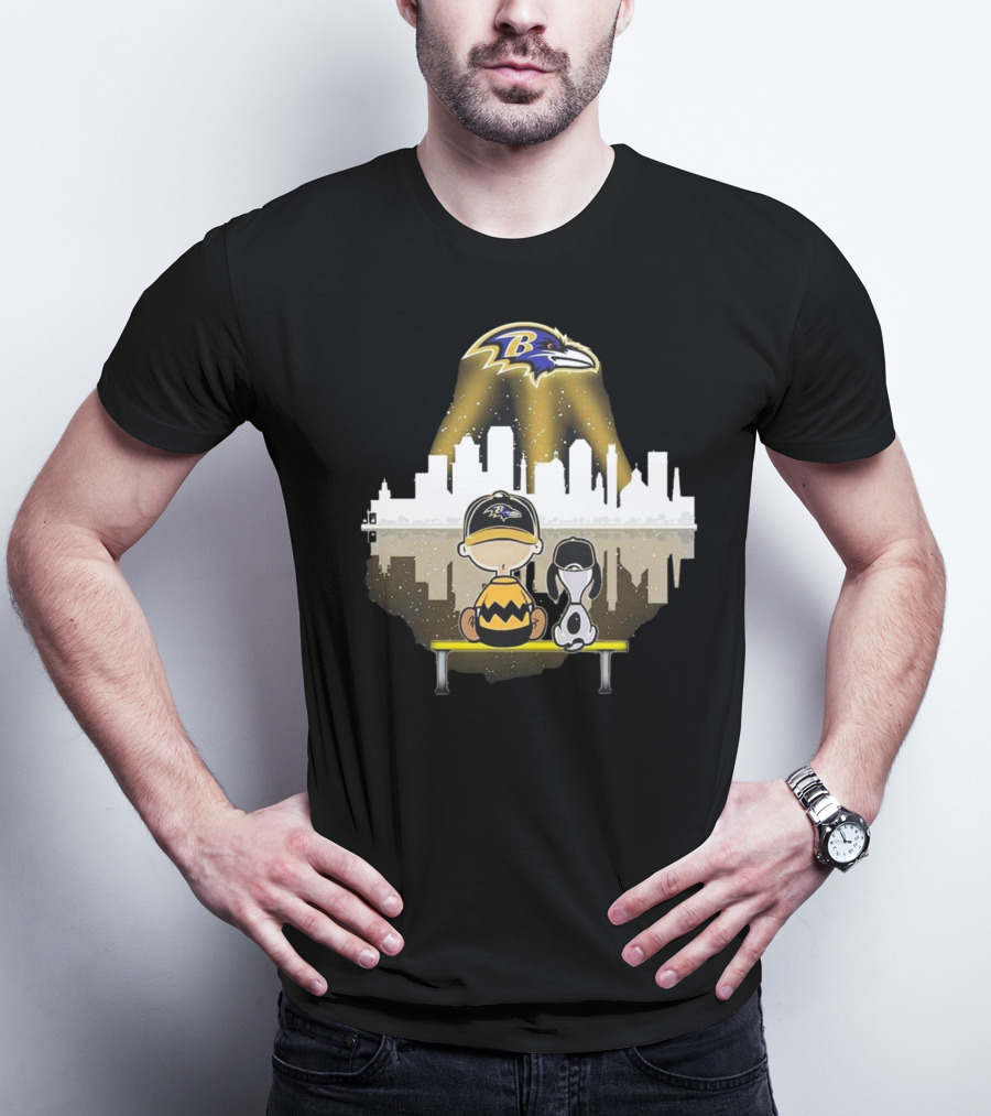 Charlie Brown Snoopy Baltimore Ravens City Skyline T-Shirt