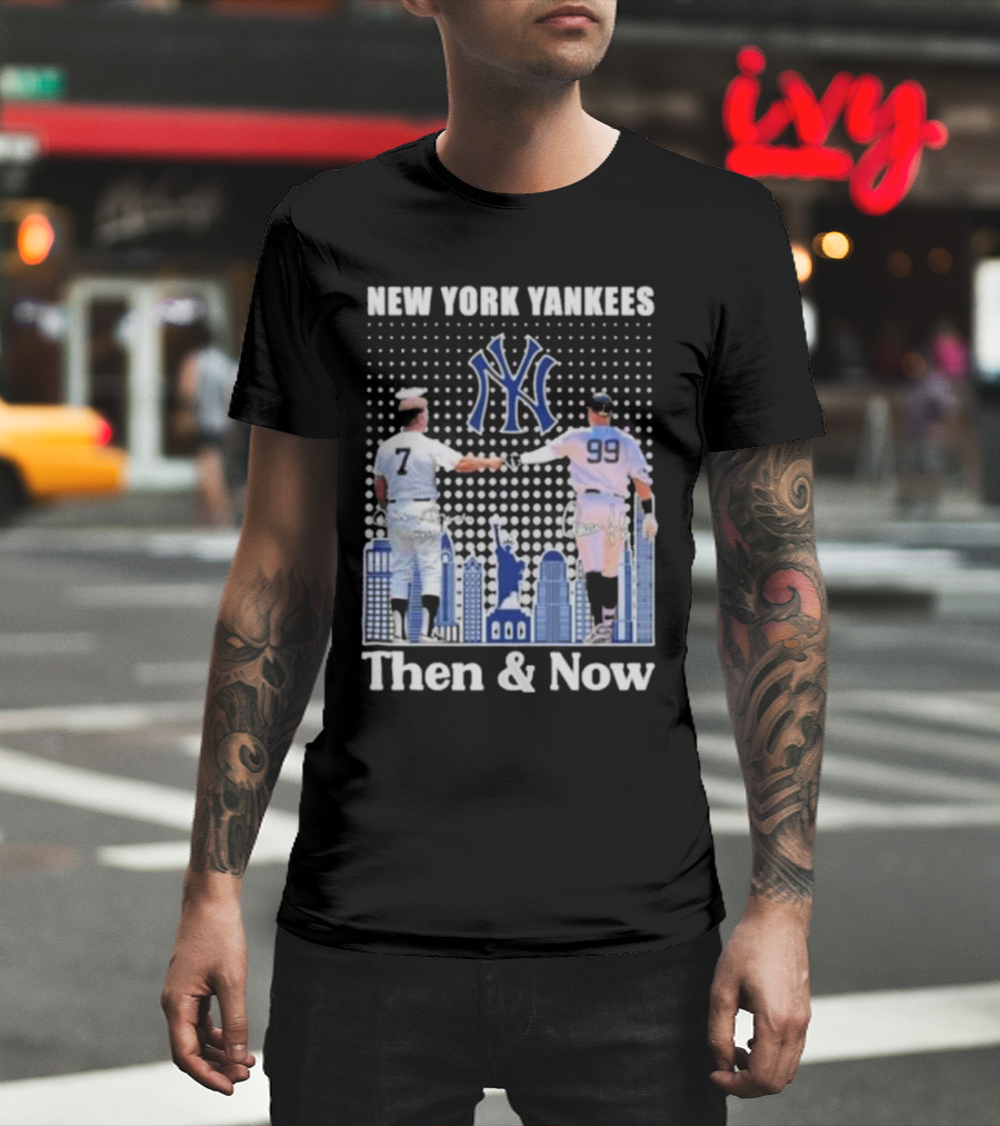 New York Yankees Then And Now Mickey Mantle 7 Aaron Judge 99 Signatures T-Shirt