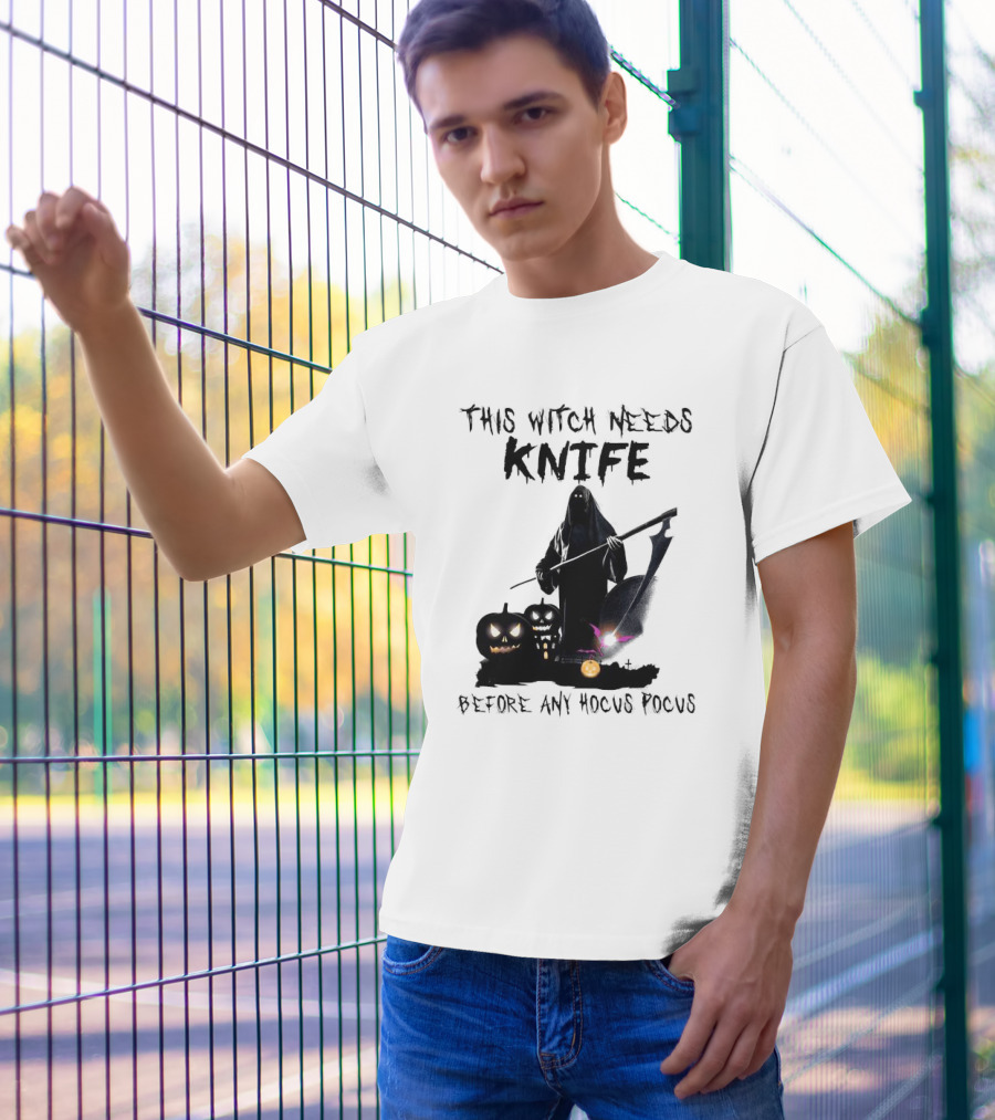 This Witch Needs Knife Before Any Hocus Pocus Halloween Pumpkins Dark Scene T-Shirt