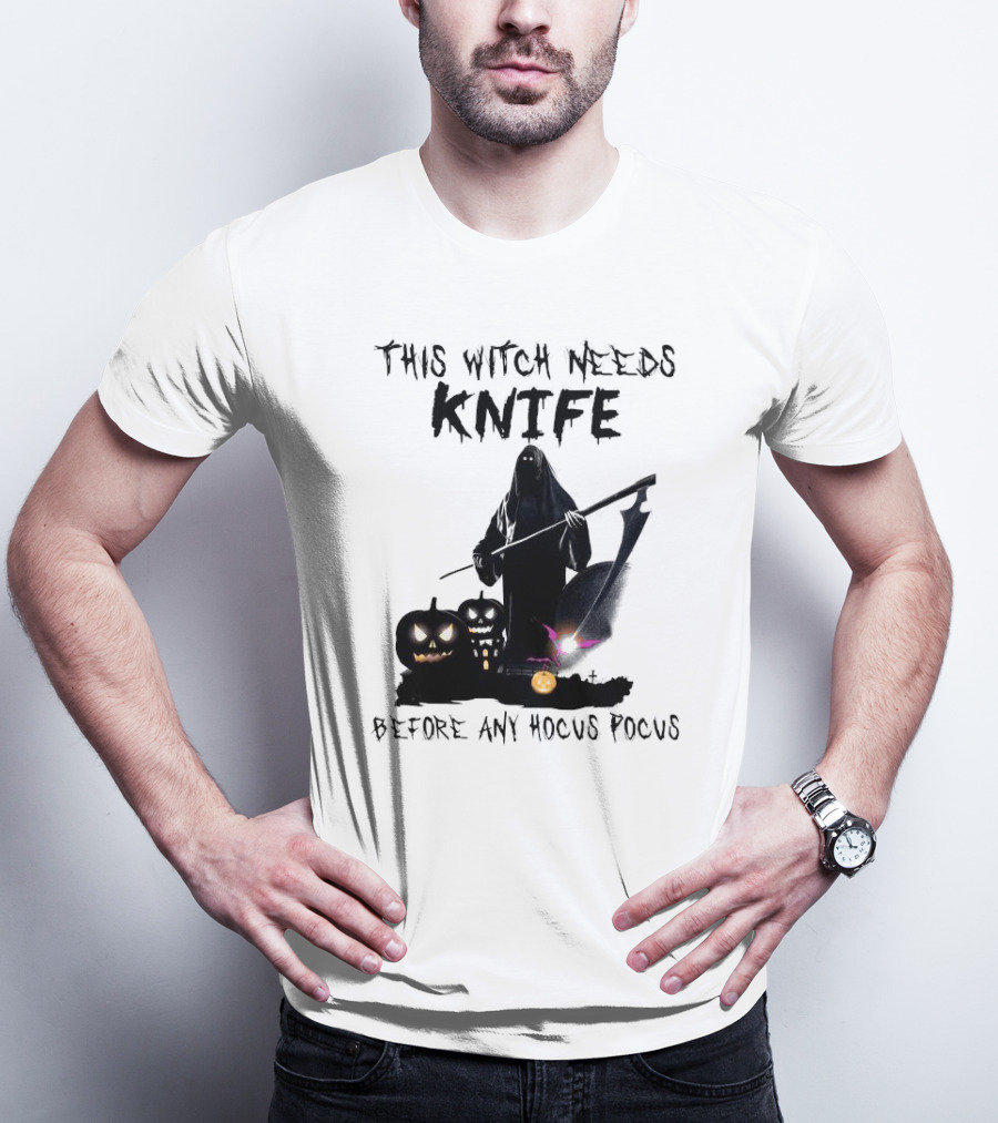 This Witch Needs Knife Before Any Hocus Pocus Halloween Pumpkins Dark Scene T-Shirt