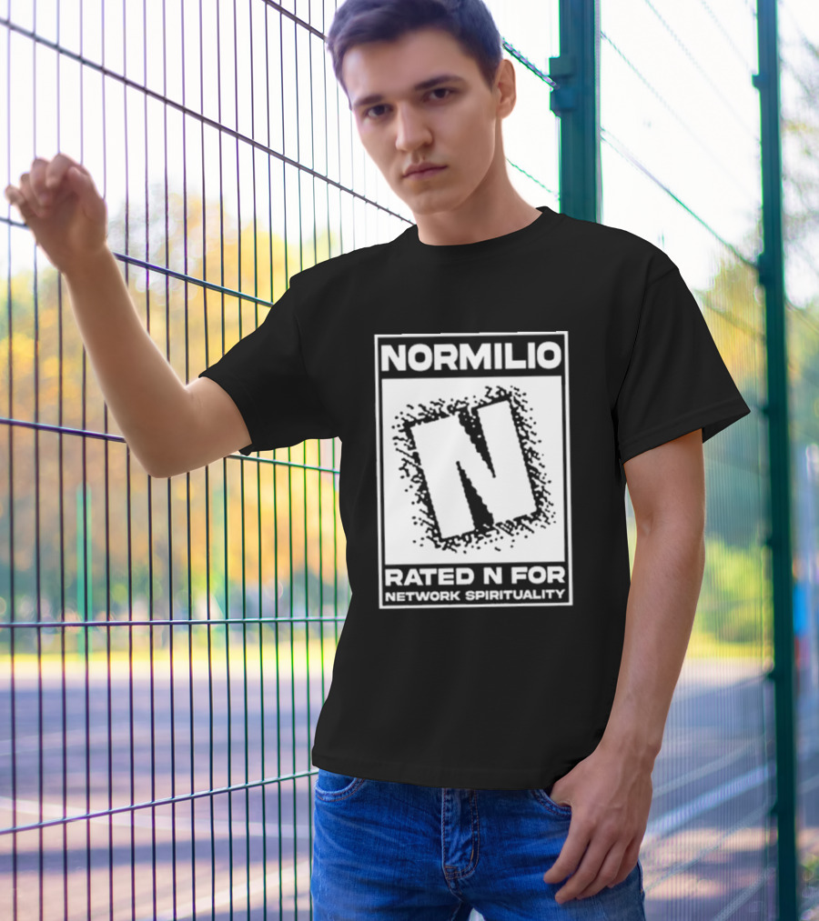 Normilio Rated N For Network Spirituality Bold Text Box With Speckled Explosion Background T-Shirt