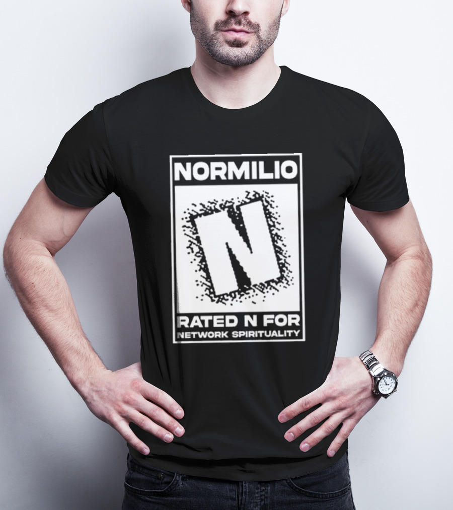 Normilio Rated N For Network Spirituality Bold Text Box With Speckled Explosion Background T-Shirt