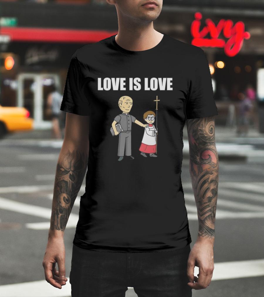 Love Is Love Priest With Cartoon Clergyman And Child Holding Cross T-Shirt
