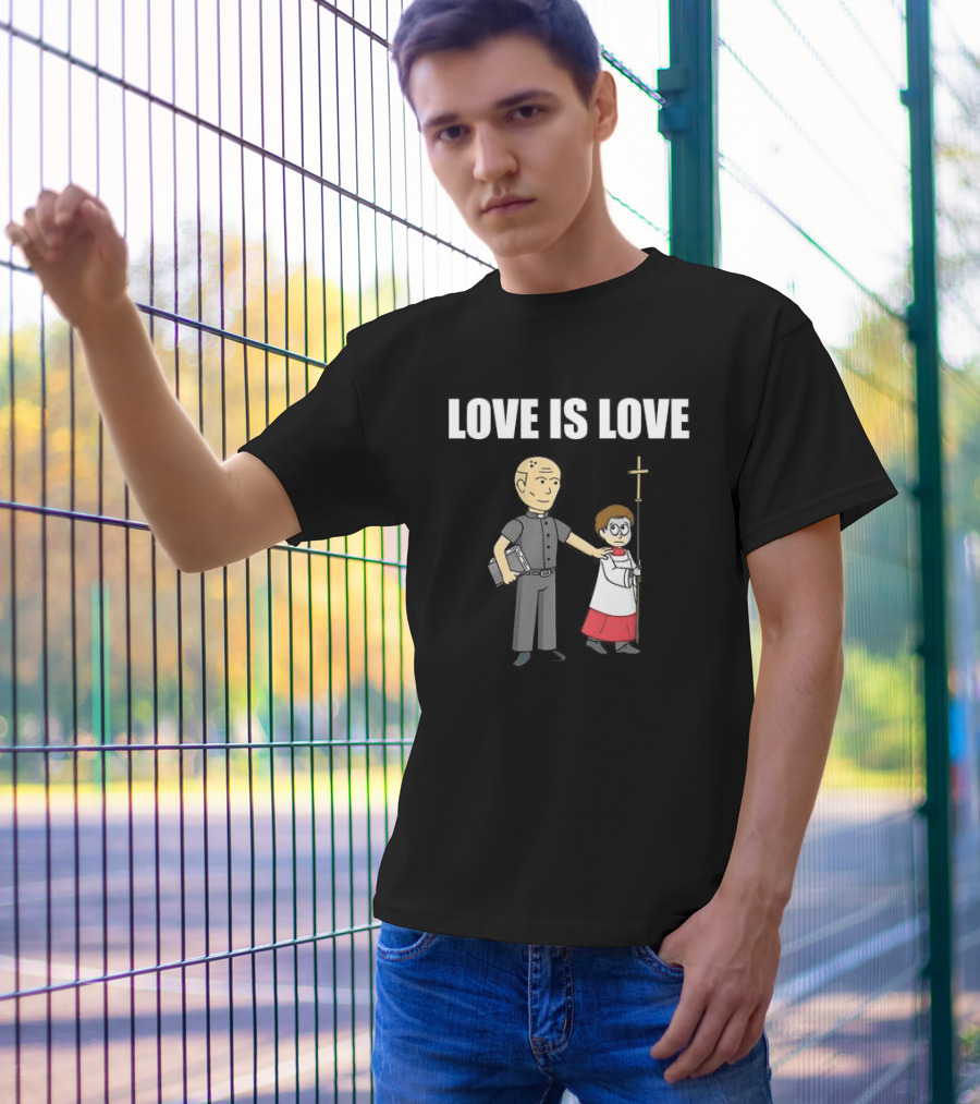 Love Is Love Priest With Cartoon Clergyman And Child Holding Cross T-Shirt