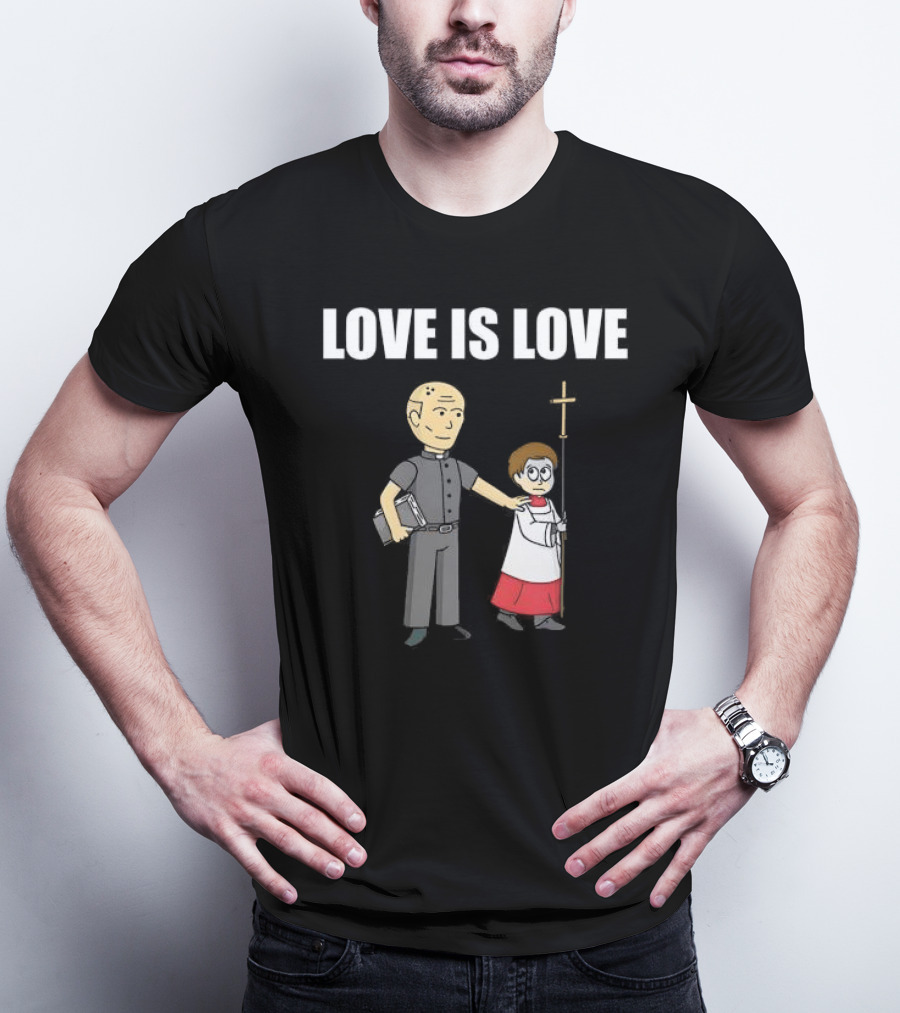 Love Is Love Priest With Cartoon Clergyman And Child Holding Cross T-Shirt