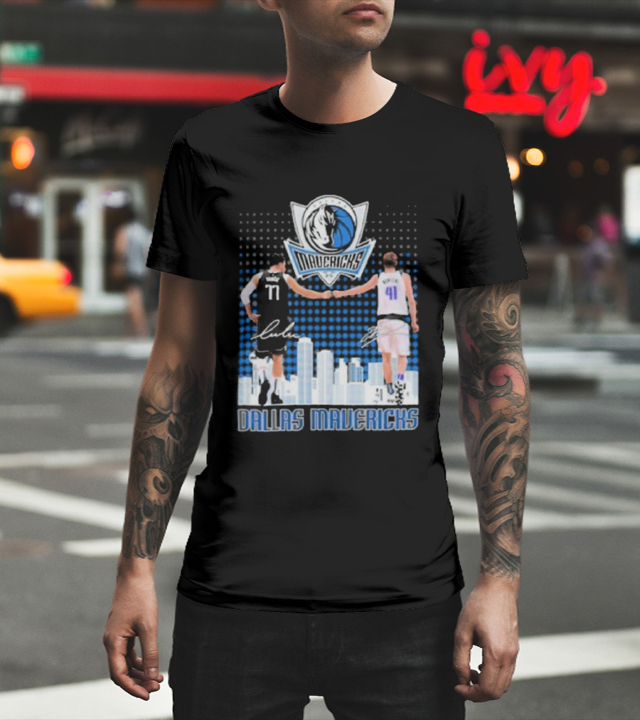 Dallas Mavericks Luka Doncic Dirk Nowitzki Handshake Signatures Skyline T-Shirt