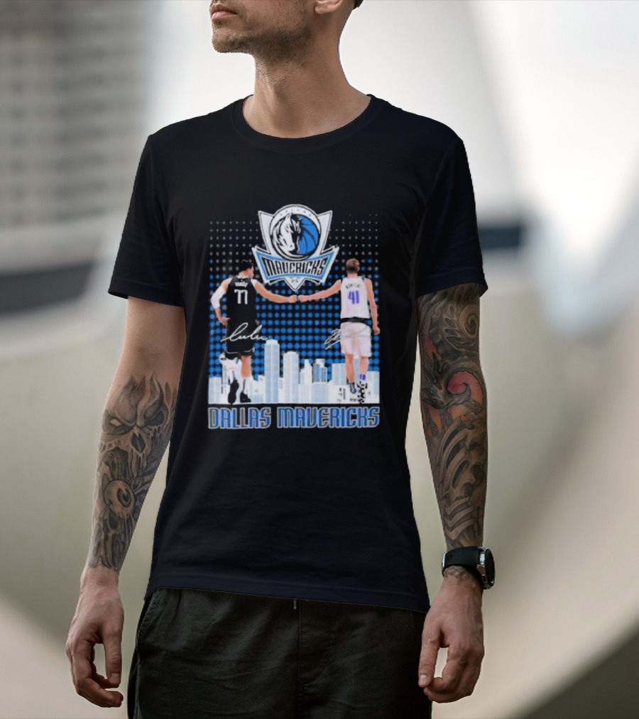 Dallas Mavericks Luka Doncic Dirk Nowitzki Handshake Signatures Skyline T-Shirt