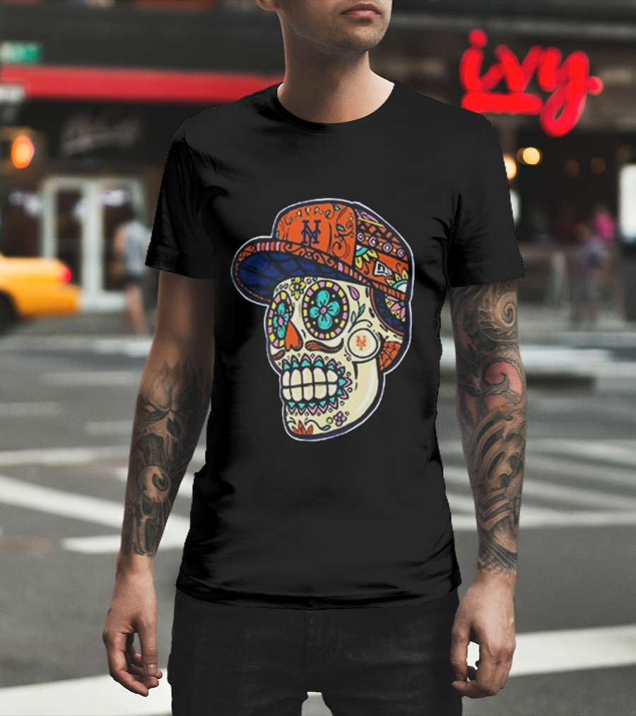 New York Mets New Era Black Sugar Skull Cap T-Shirt