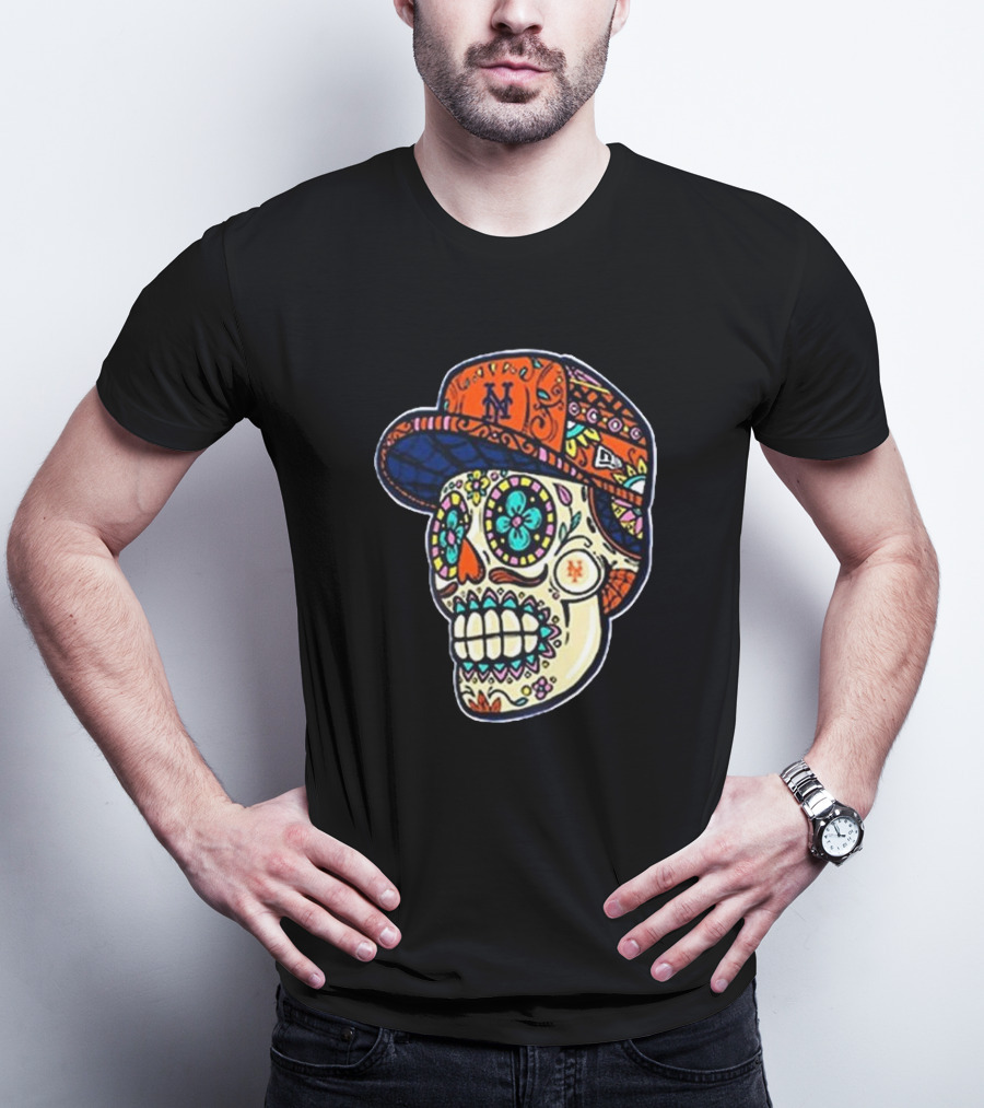 New York Mets New Era Black Sugar Skull Cap T-Shirt