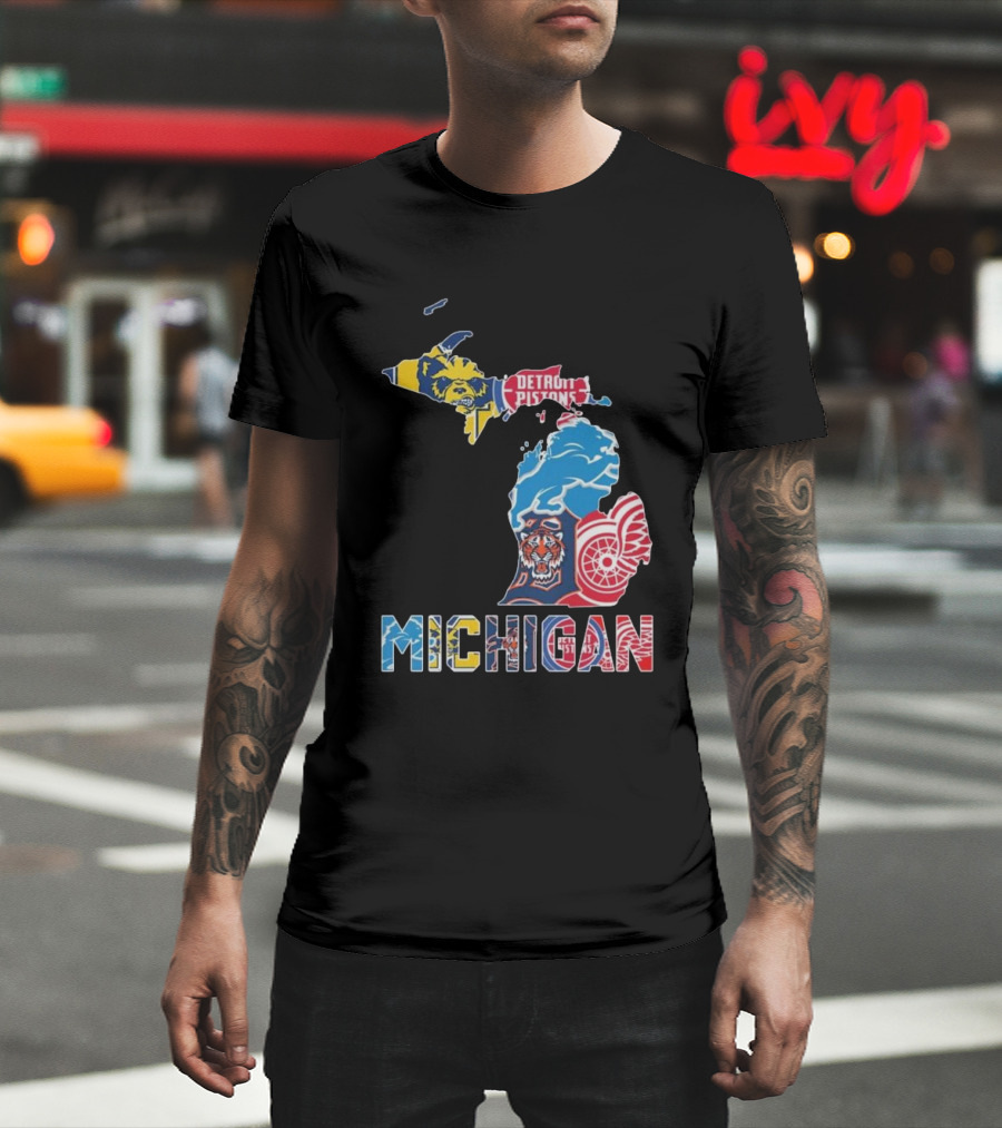 Michigan Lions Wolverines Tigers Pistons Red Wings Map T-Shirt