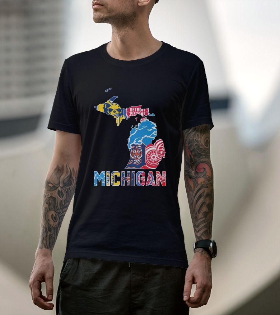Michigan Lions Wolverines Tigers Pistons Red Wings Map T-Shirt