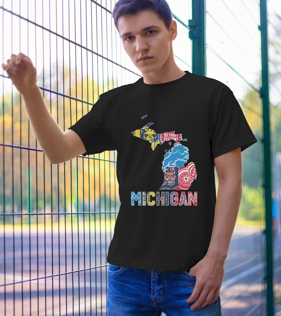 Michigan Lions Wolverines Tigers Pistons Red Wings Map T-Shirt