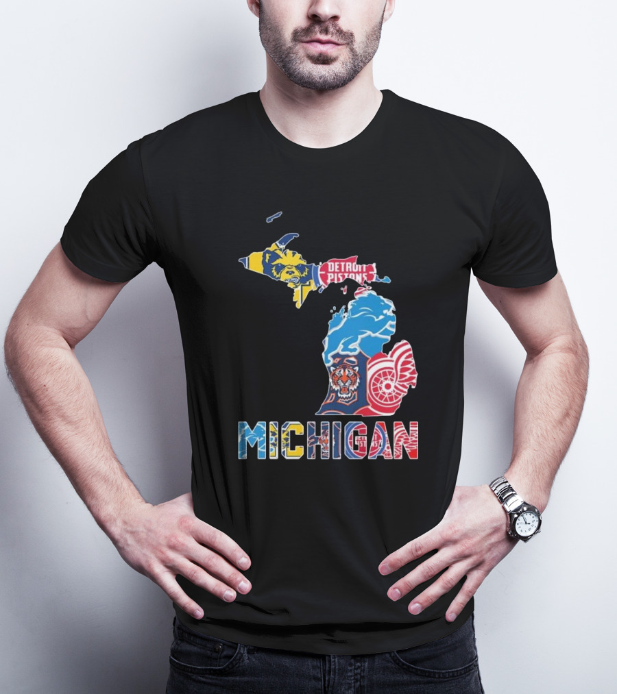 Michigan Lions Wolverines Tigers Pistons Red Wings Map T-Shirt