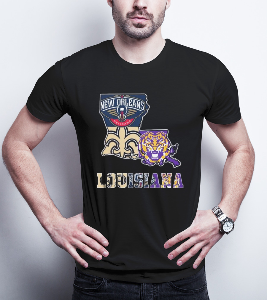 New Orleans Pelicans Tigers Saints Louisiana Map T-Shirt