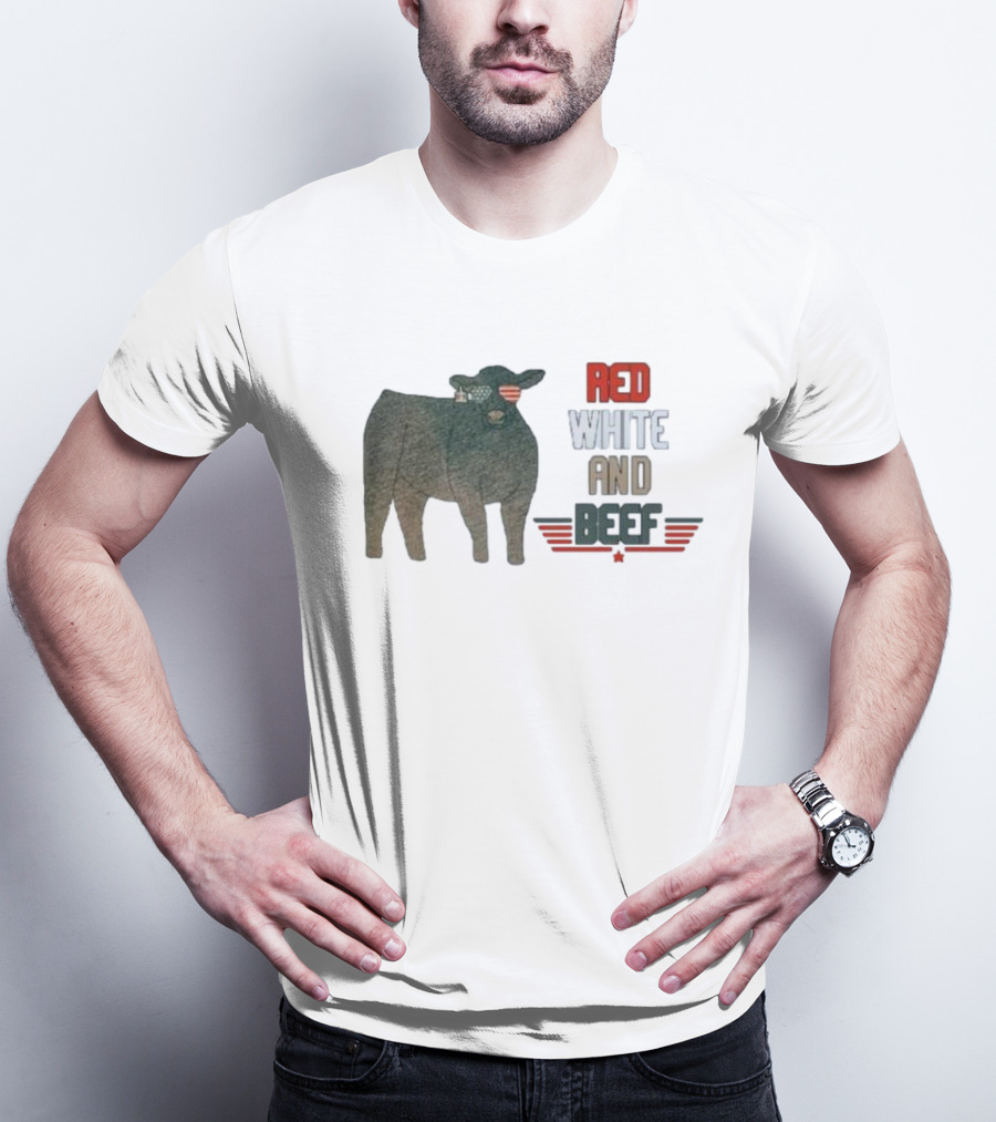Red White And Beef American Cattle With Patriotic Sunglasses T-Shirt