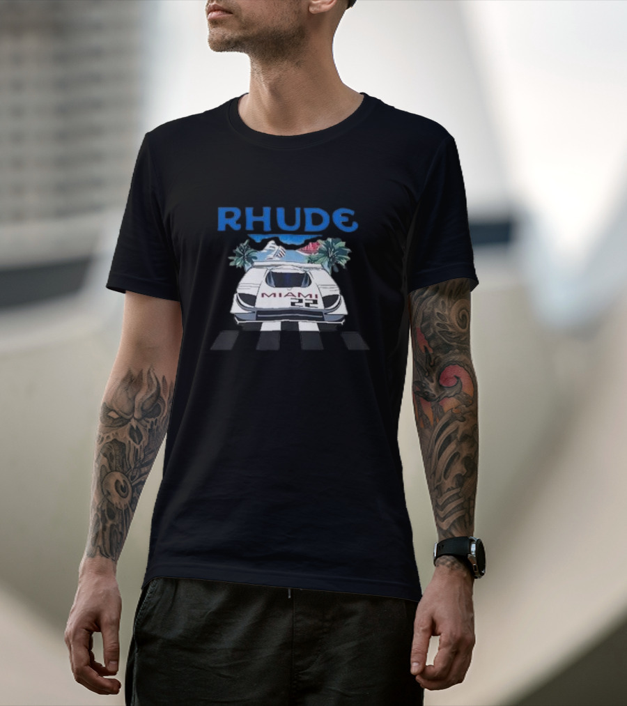 RHUDE Miami 22 Car Palm Trees Checkered Flags T-Shirt