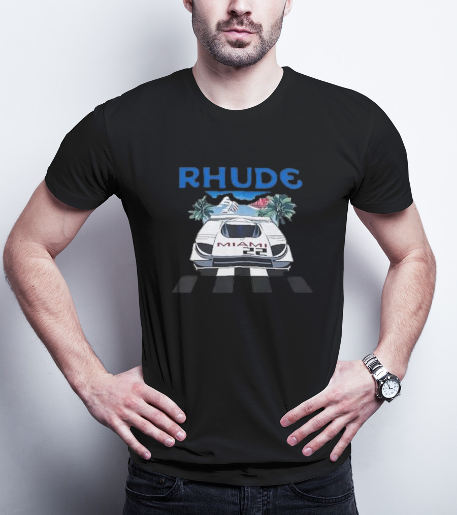 RHUDE Miami 22 Car Palm Trees Checkered Flags T-Shirt