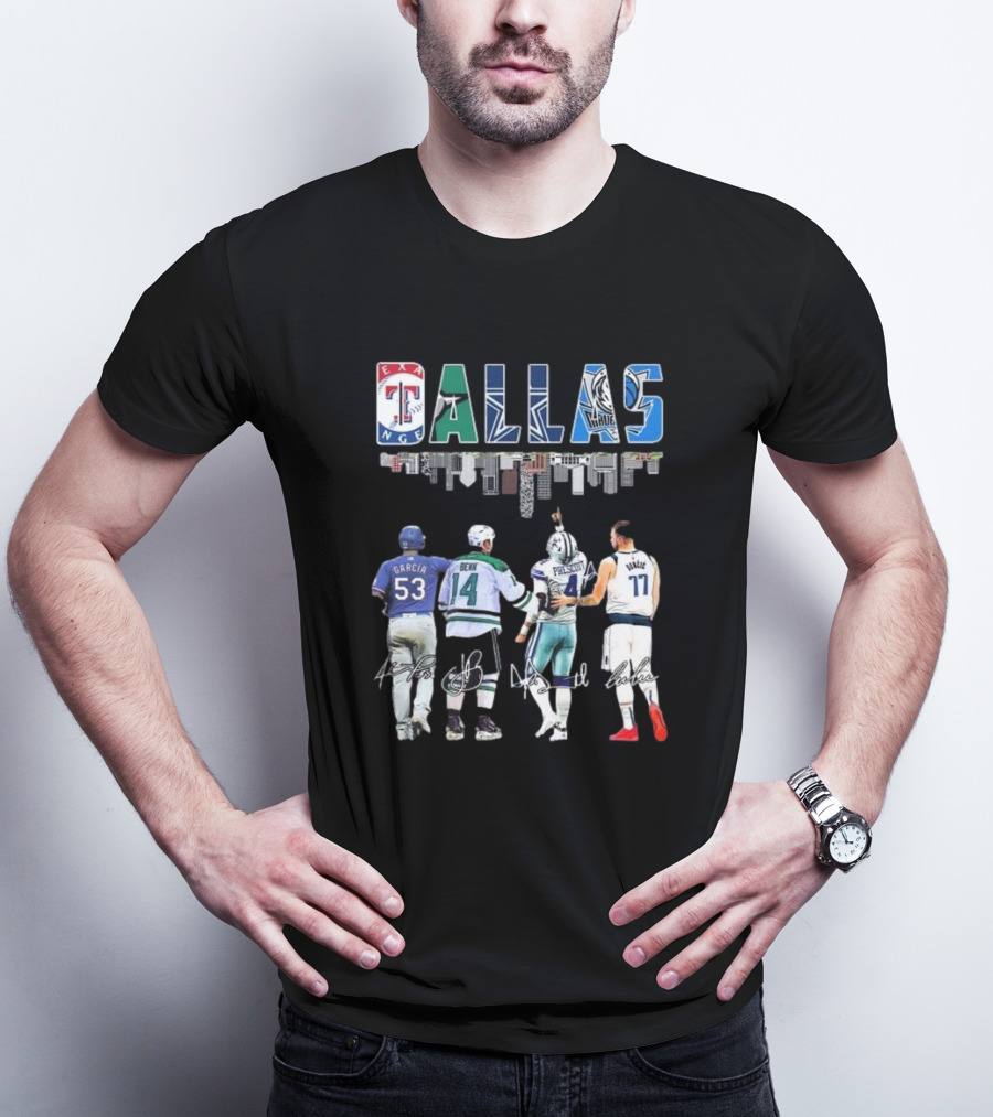 Texas Rangers Garcia Dallas Stars Benn Dallas Cowboys Prescott Dallas Mavericks Doncic Signatures Skyline T-Shirt
