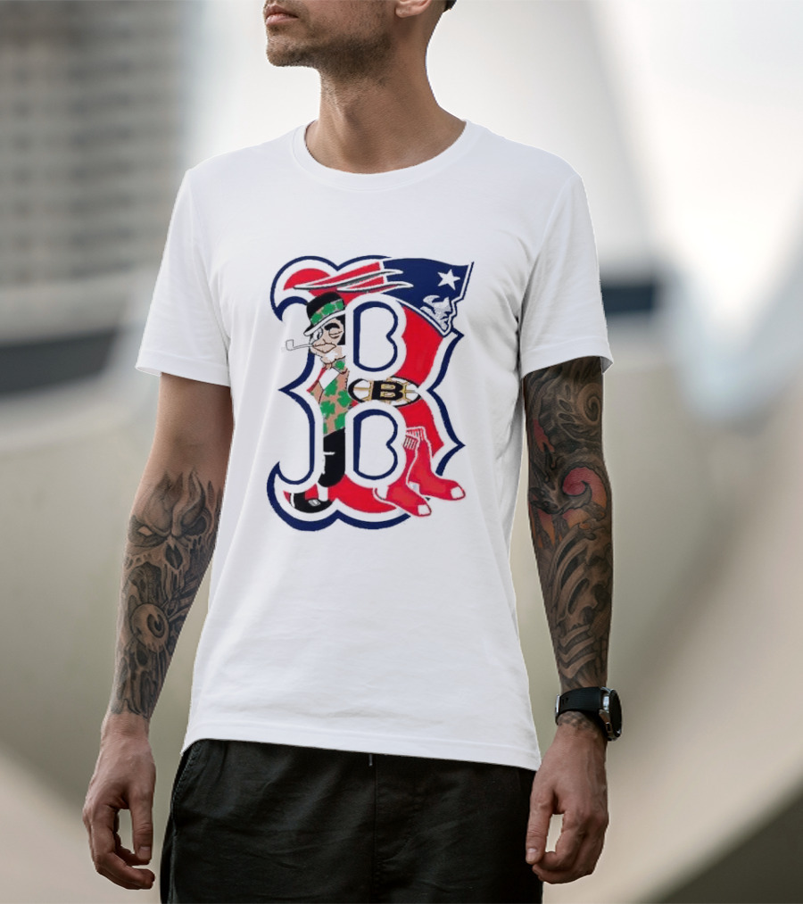 Boston Red Sox B Mashup With Patriots Bruins Celtics Symbols T-Shirt