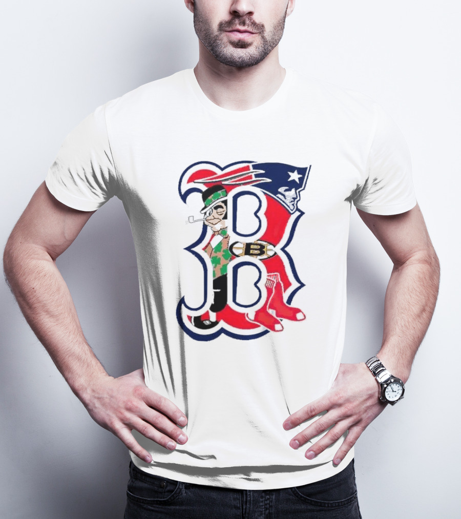 Boston Red Sox B Mashup With Patriots Bruins Celtics Symbols T-Shirt