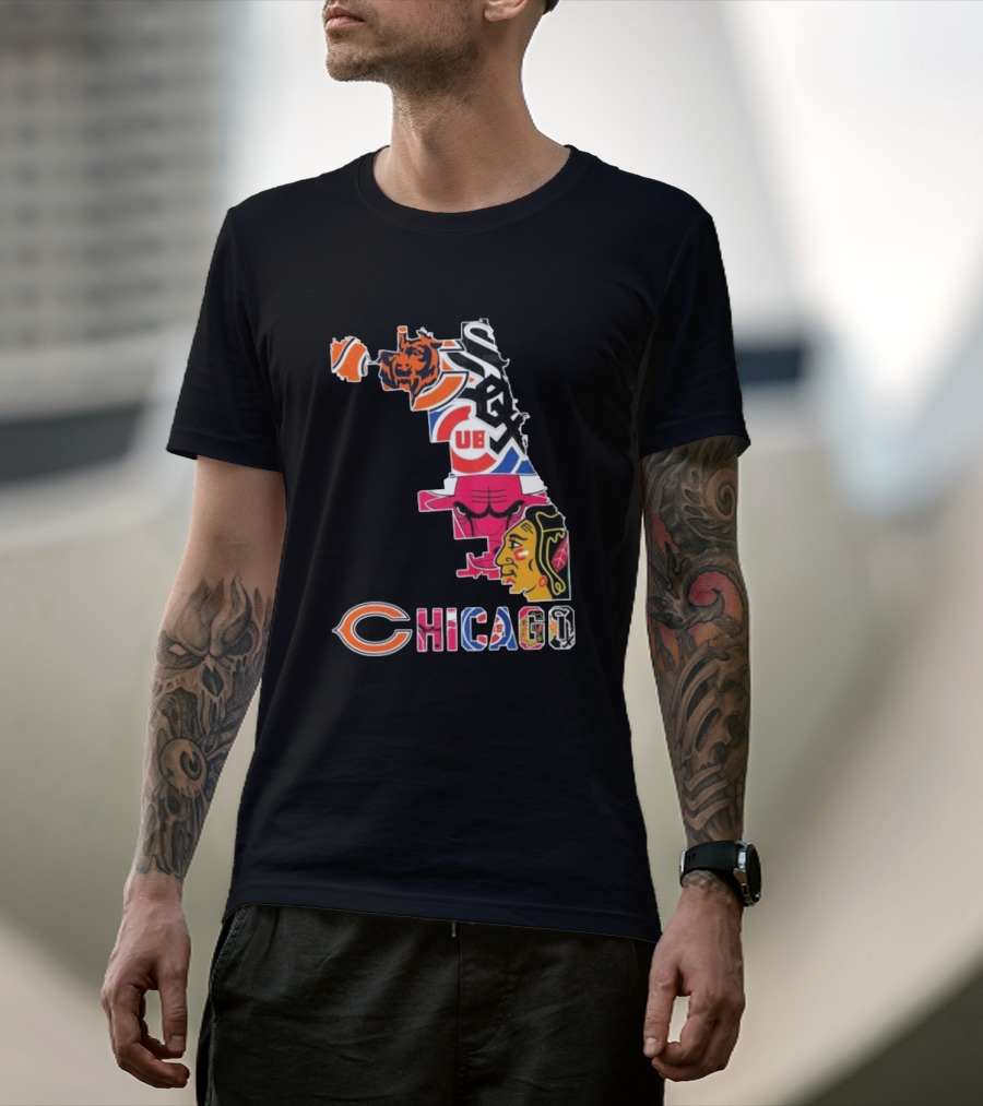 Chicago Cubs White Sox Bulls Bears Blackhawks Maps T-Shirt