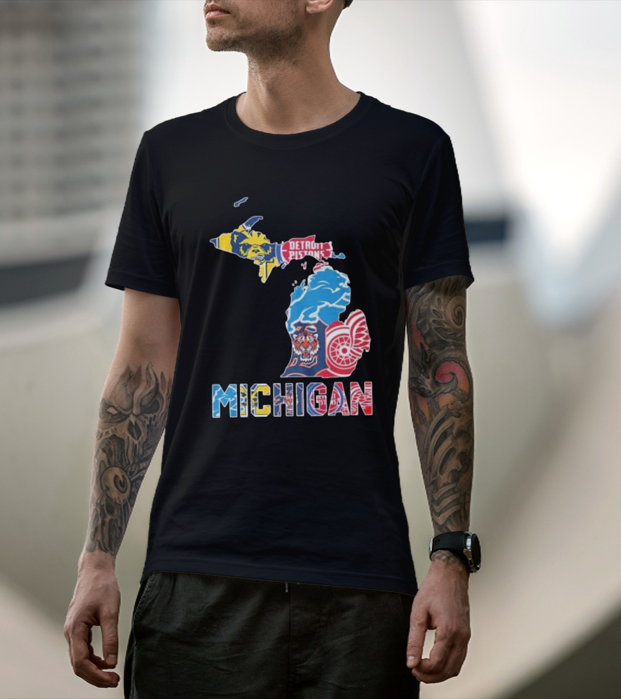 Michigan Wolverines Detroit Tigers Lions Pistons Red Wings Map T-Shirt