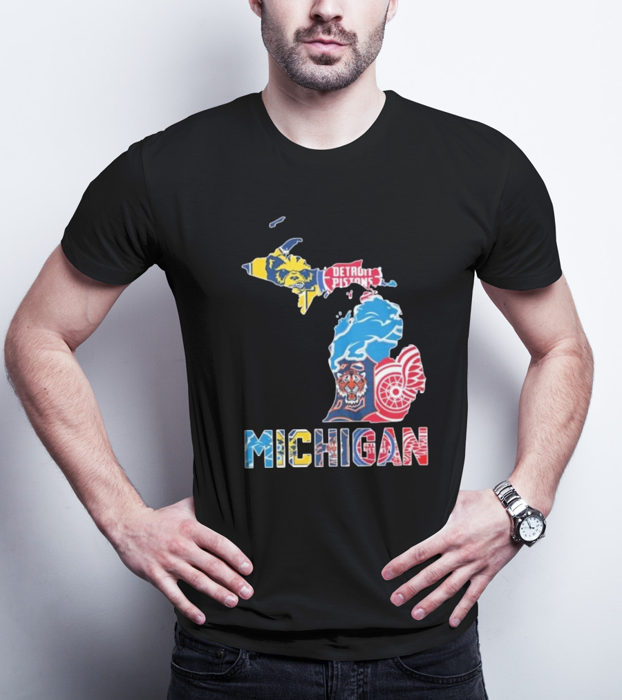 Michigan Wolverines Detroit Tigers Lions Pistons Red Wings Map T-Shirt