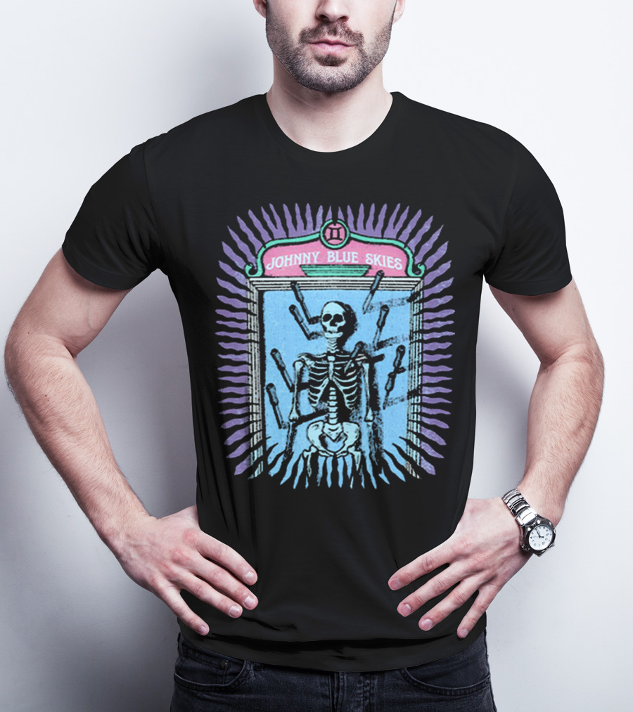 Johnny Blue Skies Skeleton Framed With Knives And Purple Aura T-Shirt