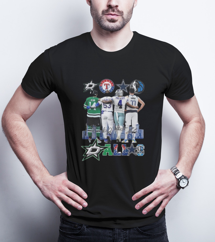 Dallas Mavericks Doncic Stars Benn Texas Rangers Cowboys Prescott Skyline Signatures T-Shirt