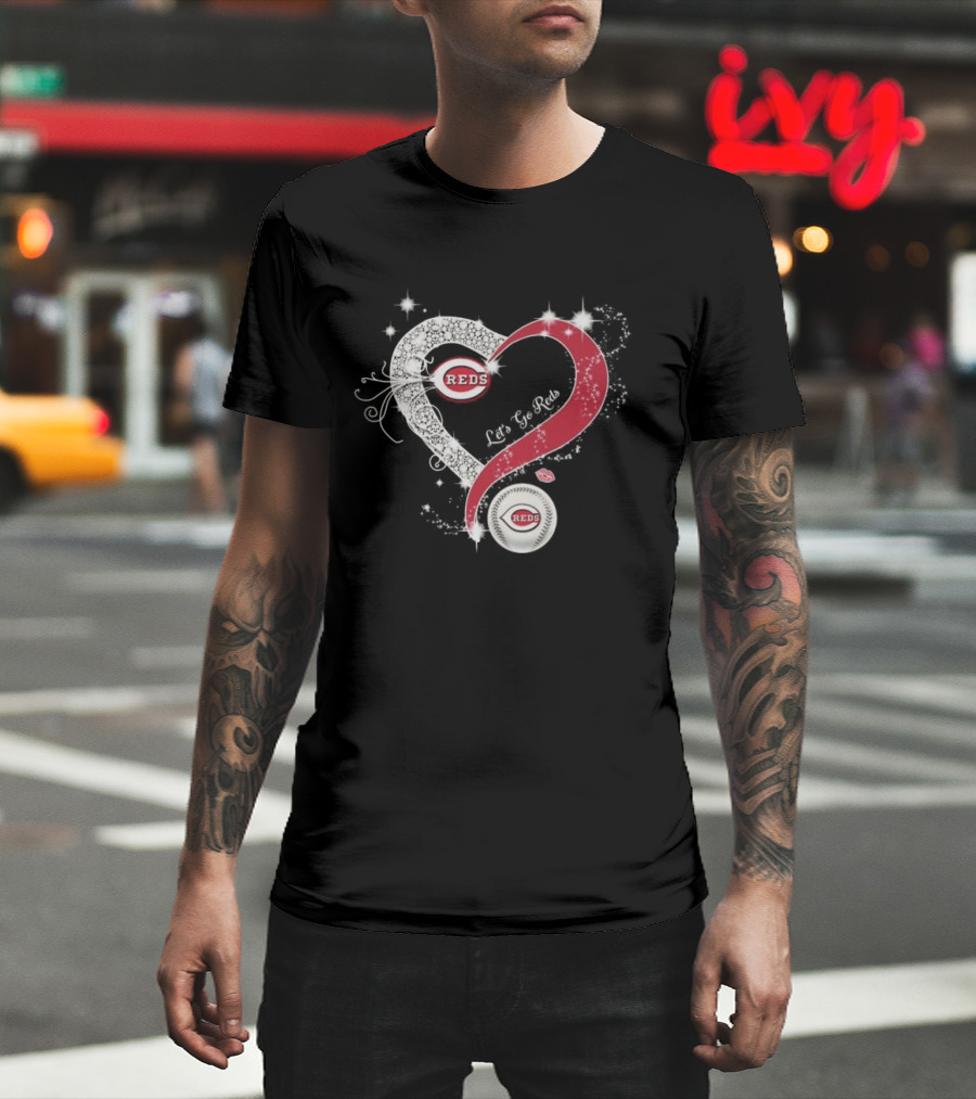 Cincinnati Reds Heart Emblem Let's Go Reds Sparkling T-Shirt