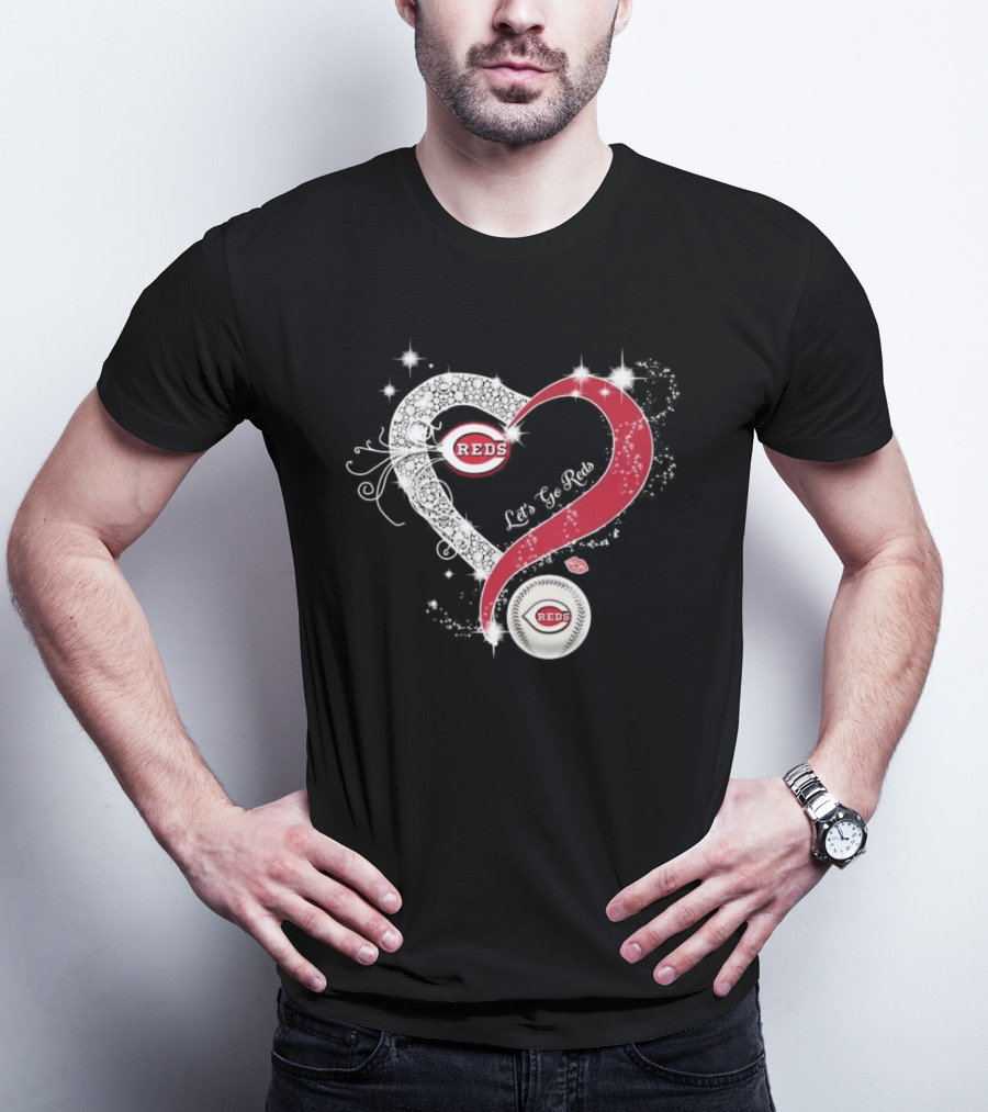 Cincinnati Reds Heart Emblem Let's Go Reds Sparkling T-Shirt