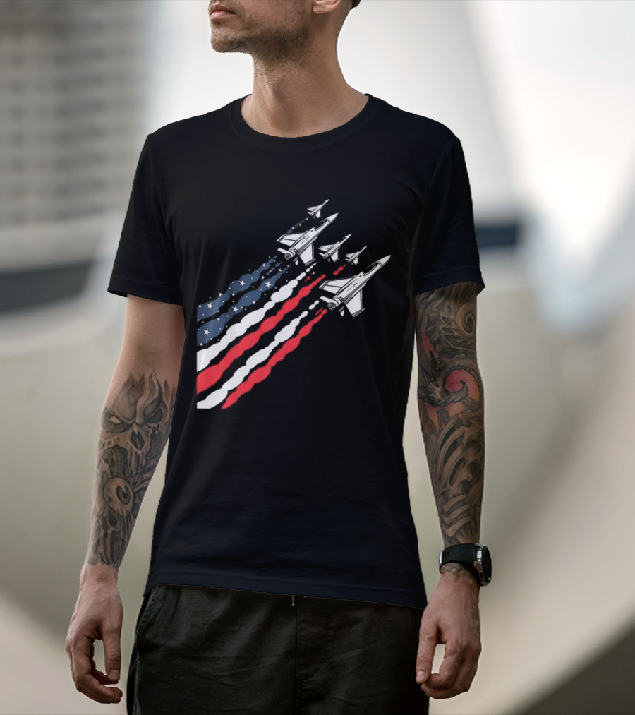 Vintage Patriotic Fighter Jet Airplane With American Flag Trail T-Shirt