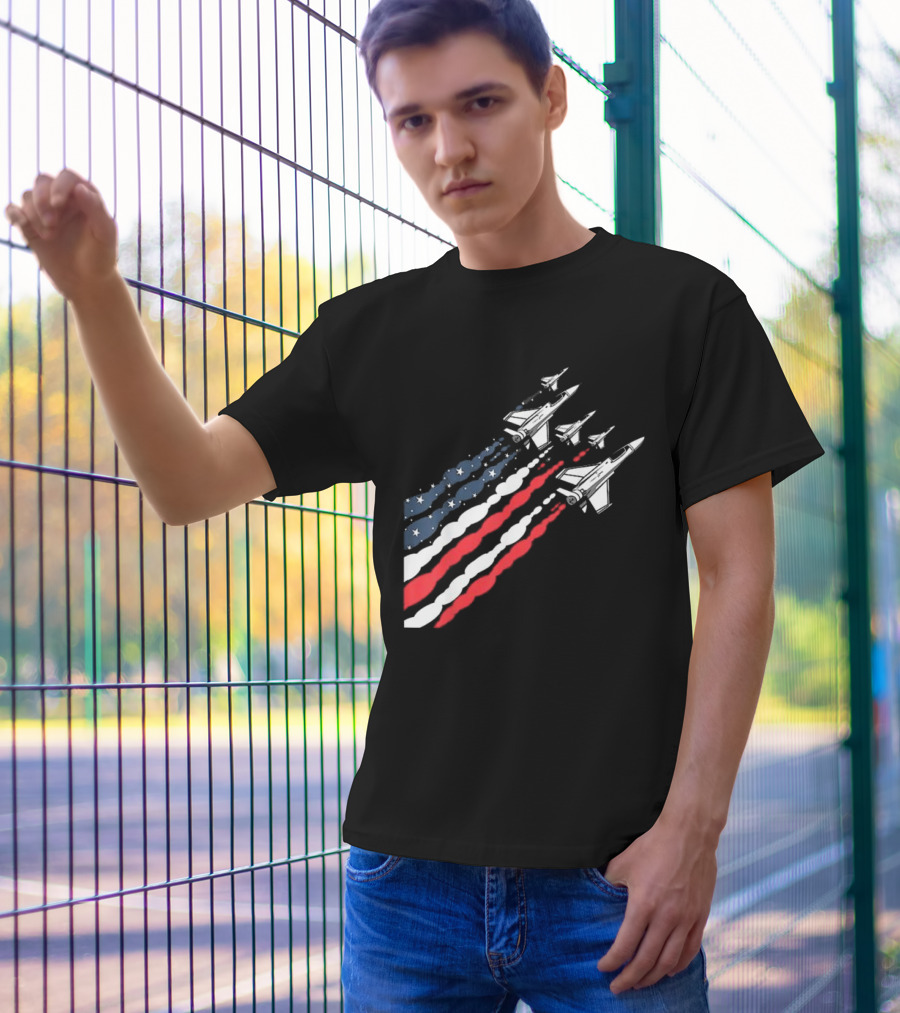Vintage Patriotic Fighter Jet Airplane With American Flag Trail T-Shirt