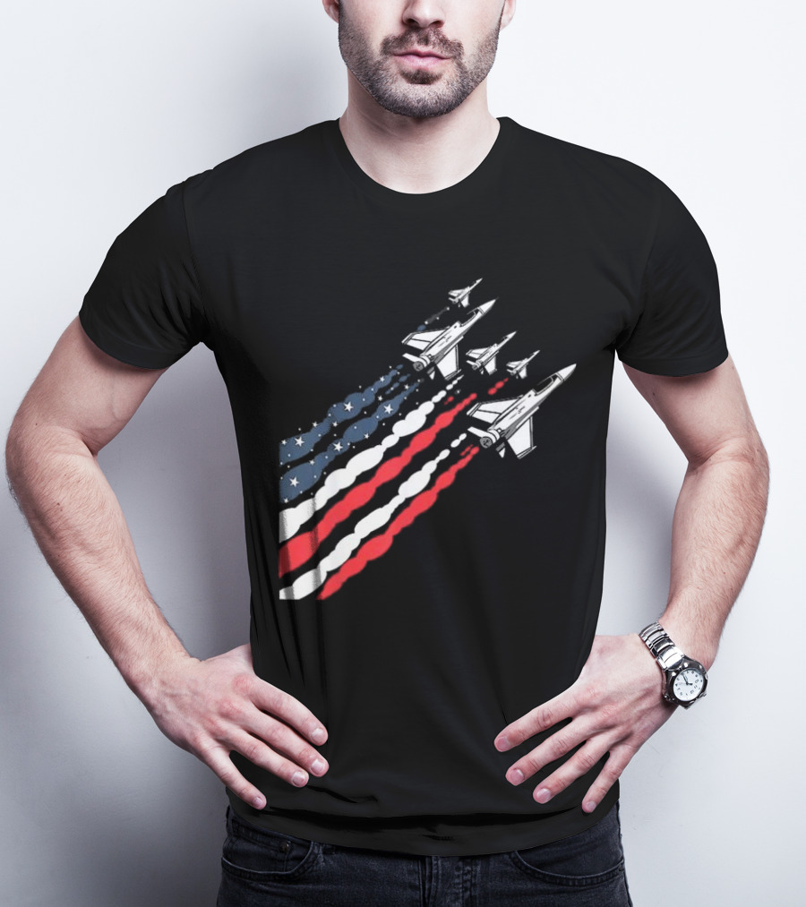 Vintage Patriotic Fighter Jet Airplane With American Flag Trail T-Shirt